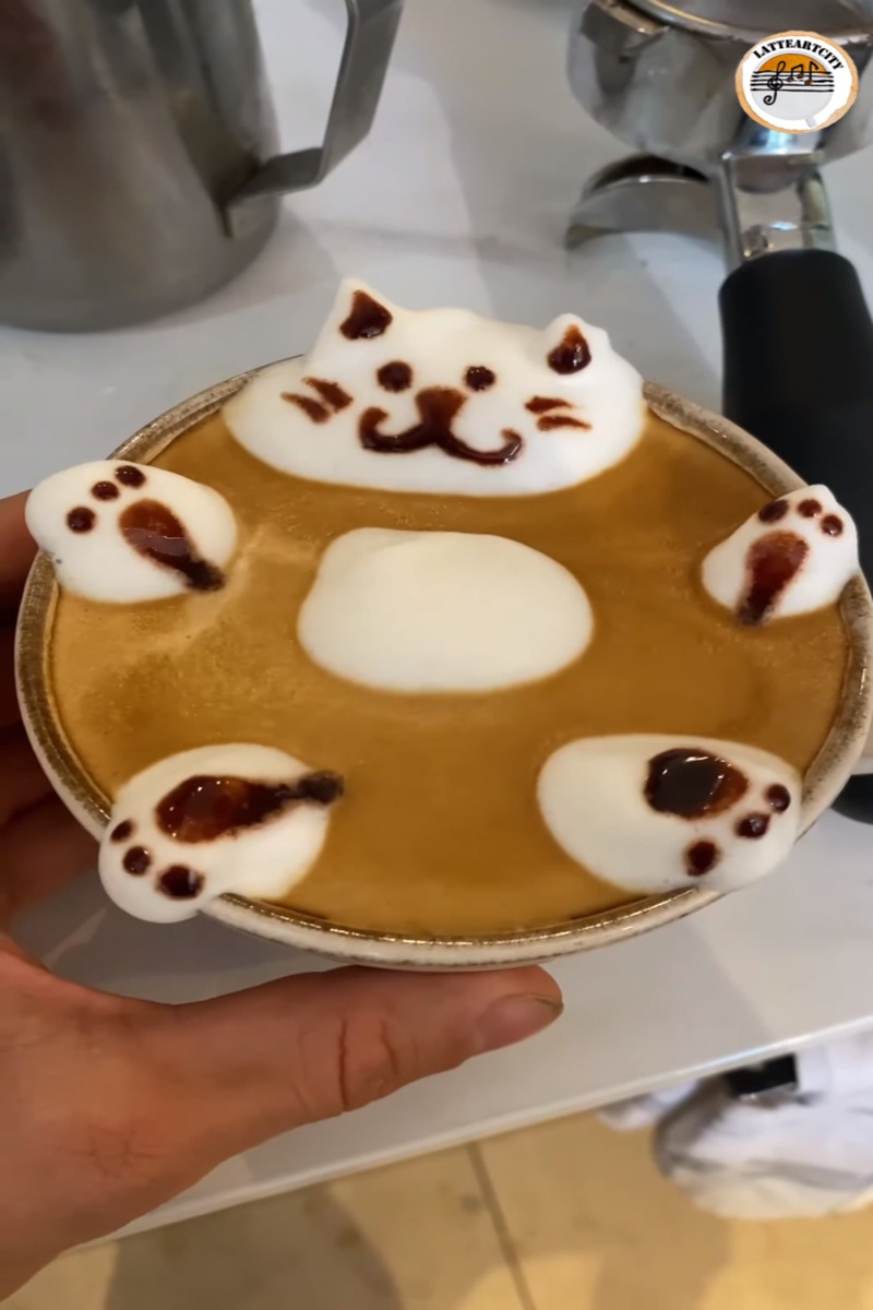 Arte del café con leche del gato 3D