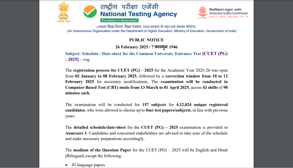 CUET PG exam date sheet 2025 released at nta.ac.in: Check detailed ...