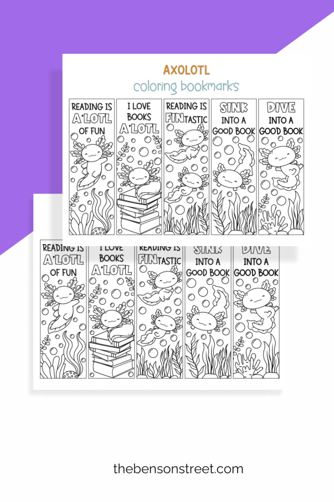 Free Printable Axolotl Bookmarks to color: 5 Fun Designs