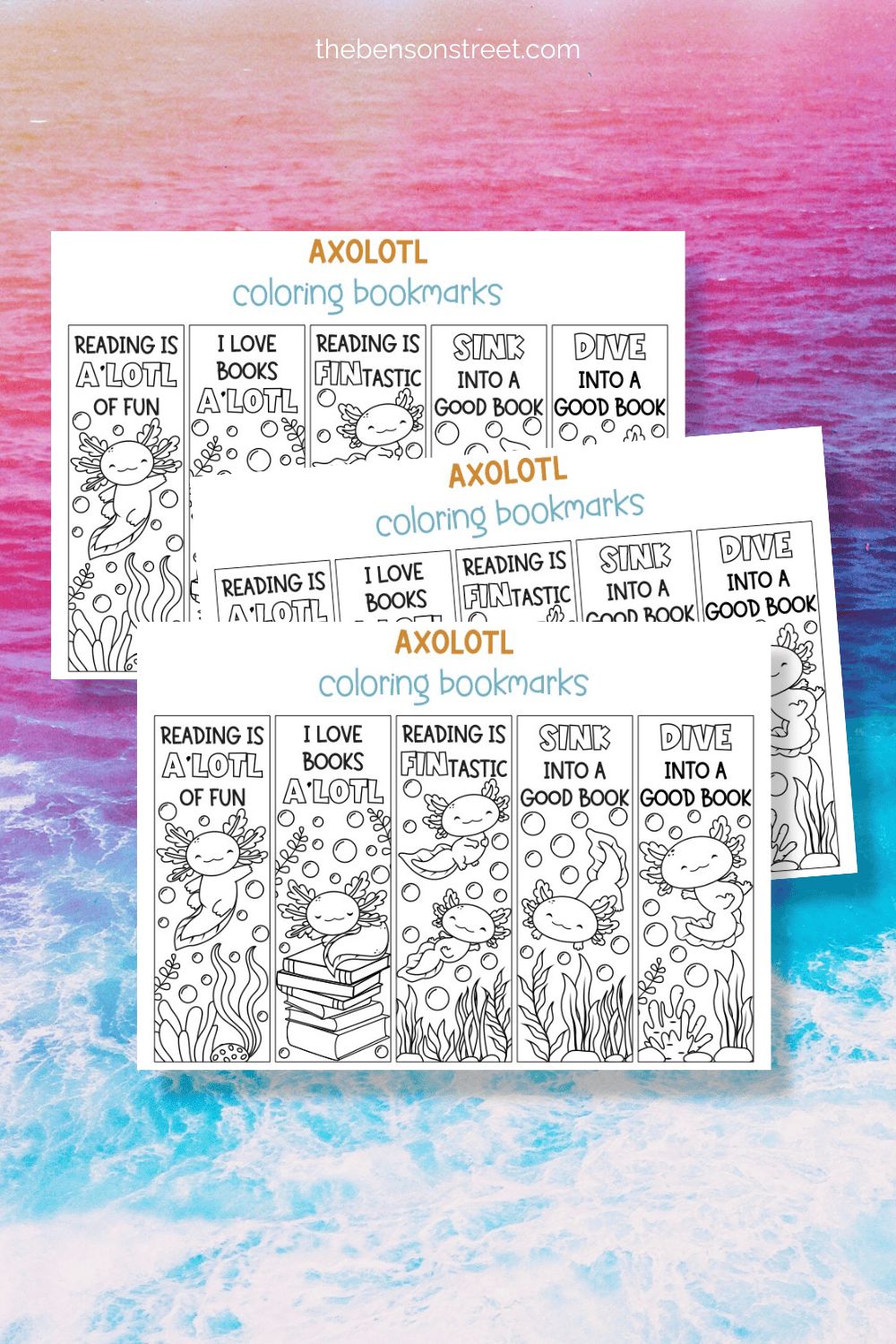 Free Printable Axolotl Bookmarks to color: 5 Fun Designs