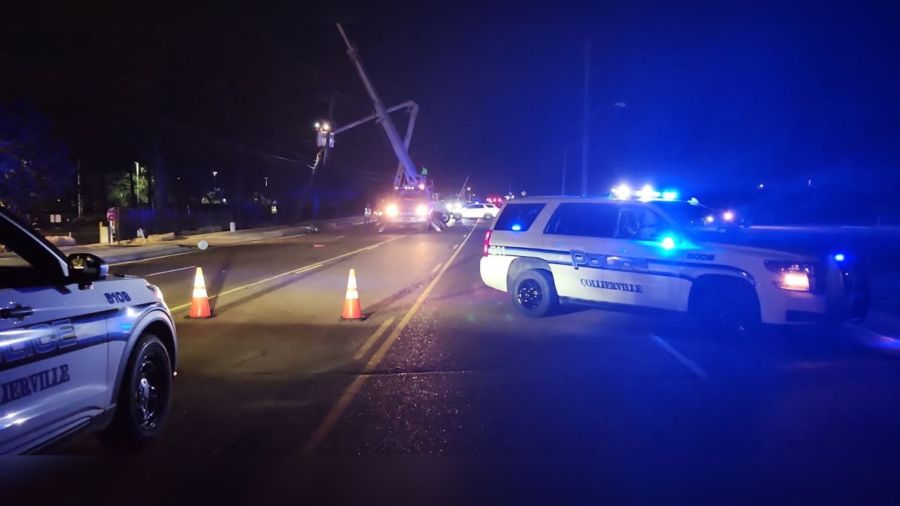 Struck pole, hanging power lines cause roadblock in Collierville