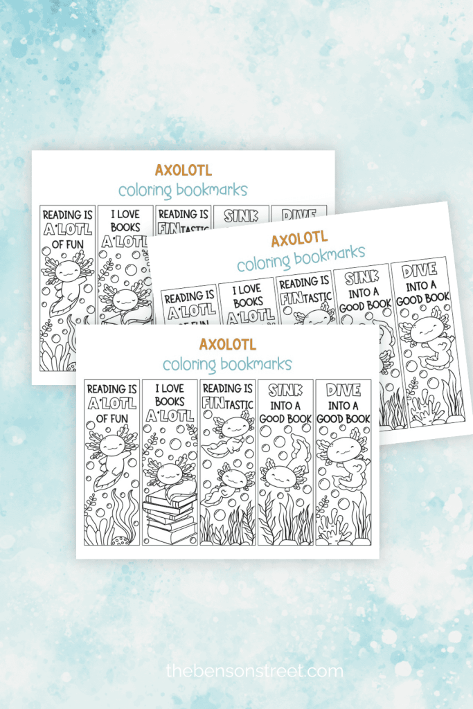Free Printable Axolotl Bookmarks to color: 5 Fun Designs