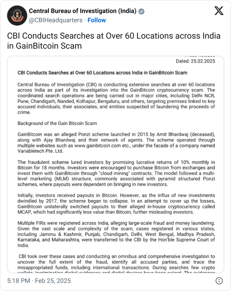 India chases decade-old Bitcoin scam with nationwide raids