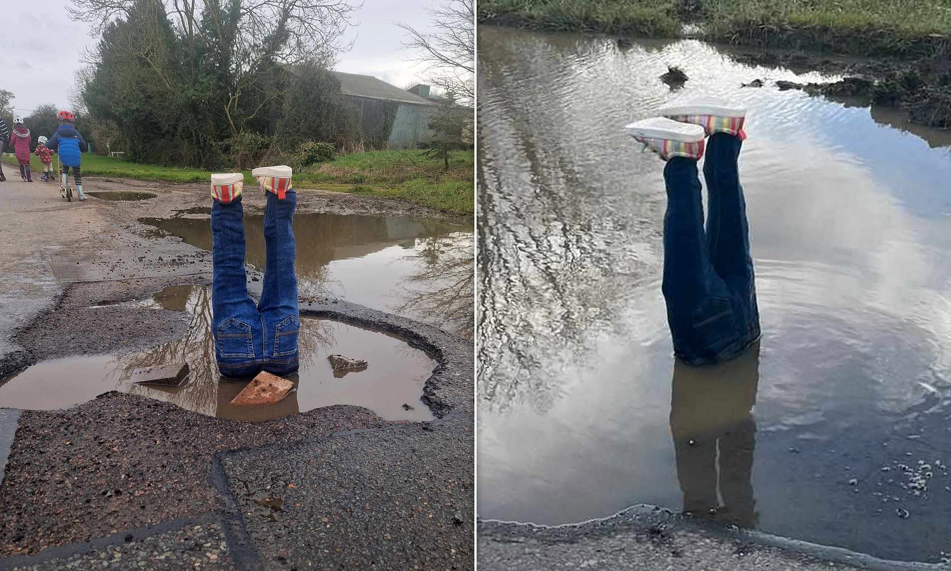Father fed up with a pothole in village gets the last laugh