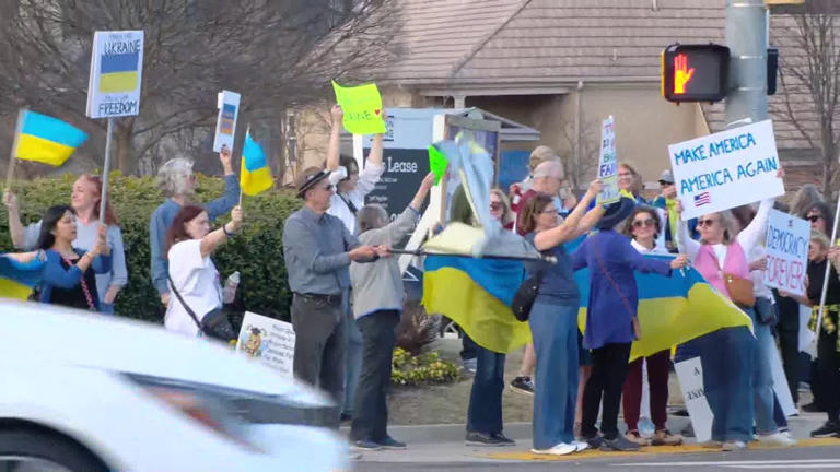 Demonstrators rally at Poplar and Highland in support of Ukraine