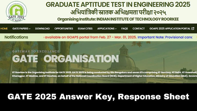 GATE 2025 Answer Key, Response Sheet Released At gate2025.iitr.ac.in ...