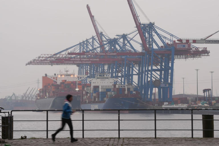 Trade union strike stops container ships in Germany's Port of Hamburg