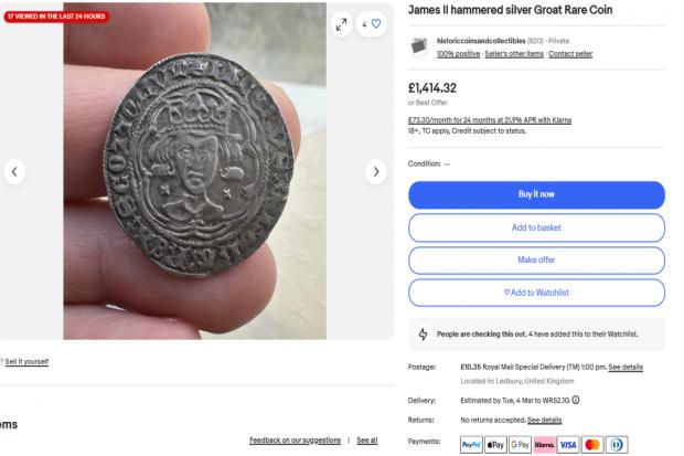 Rare 'historically significant' James II coin on sale for nearly £1,500