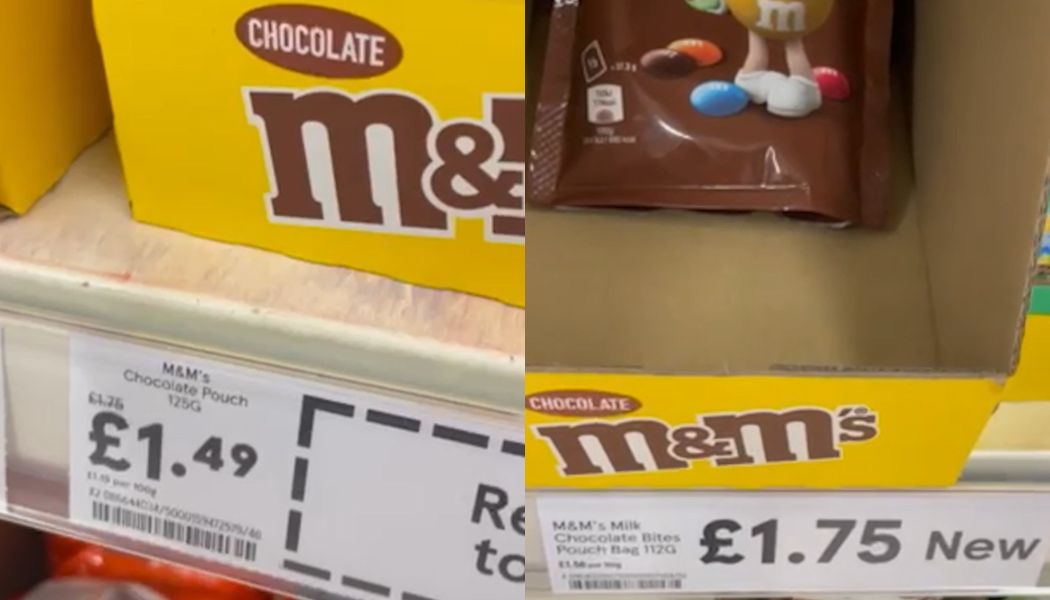 Tesco displays old and new bags of M&Ms - both costing £1.75, but the ...