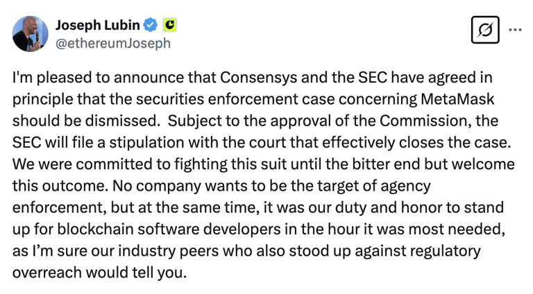 SEC agrees to drop Consensys lawsuit