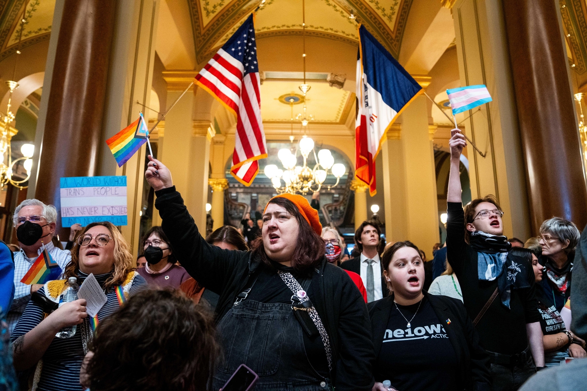 Crowds fill Iowa Capitol to protest bill removing trans civil rights ...