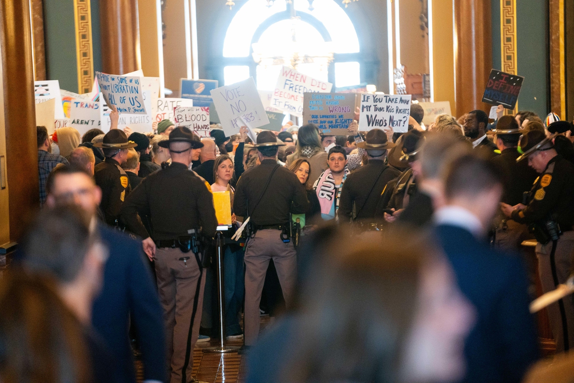 Crowds fill Iowa Capitol to protest bill removing trans civil rights ...