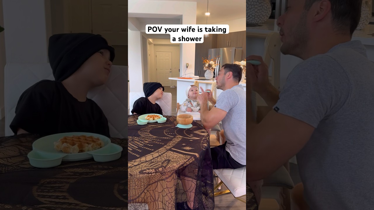 Shower POV reveals dad juggling kids and chores