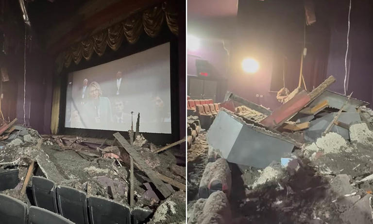 People scream as ceiling collapses during screening at movie theater