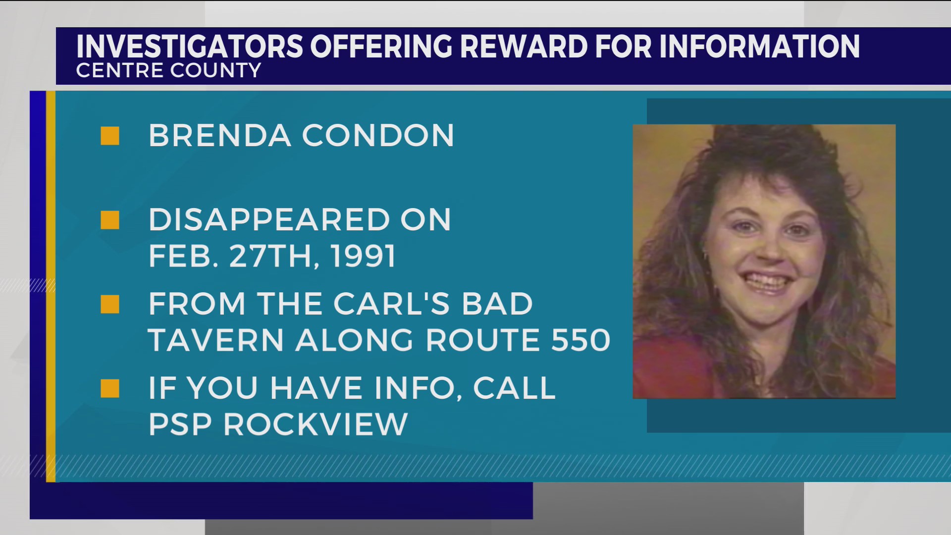 $5,000 reward offered in 1991 cold case of missing Centre County woman