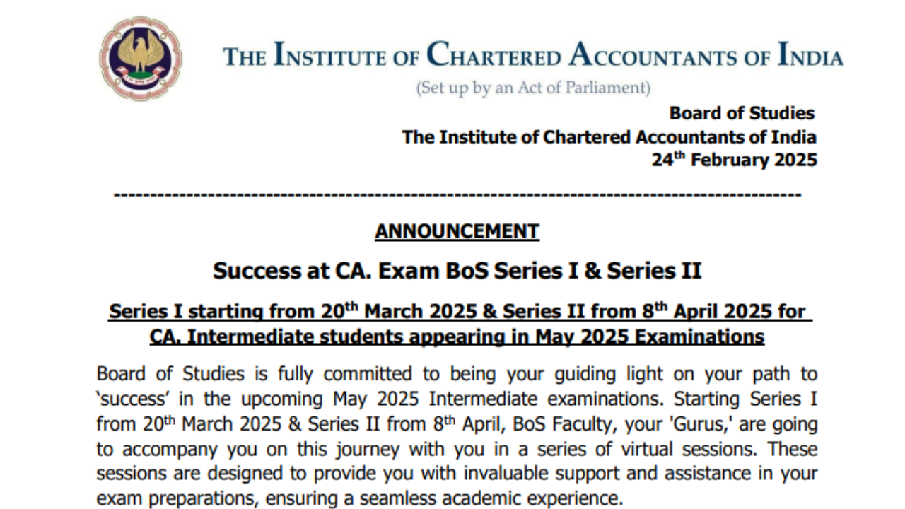 ICAI issues important notice for BoS series 1, 2 schedule for CA Inter ...