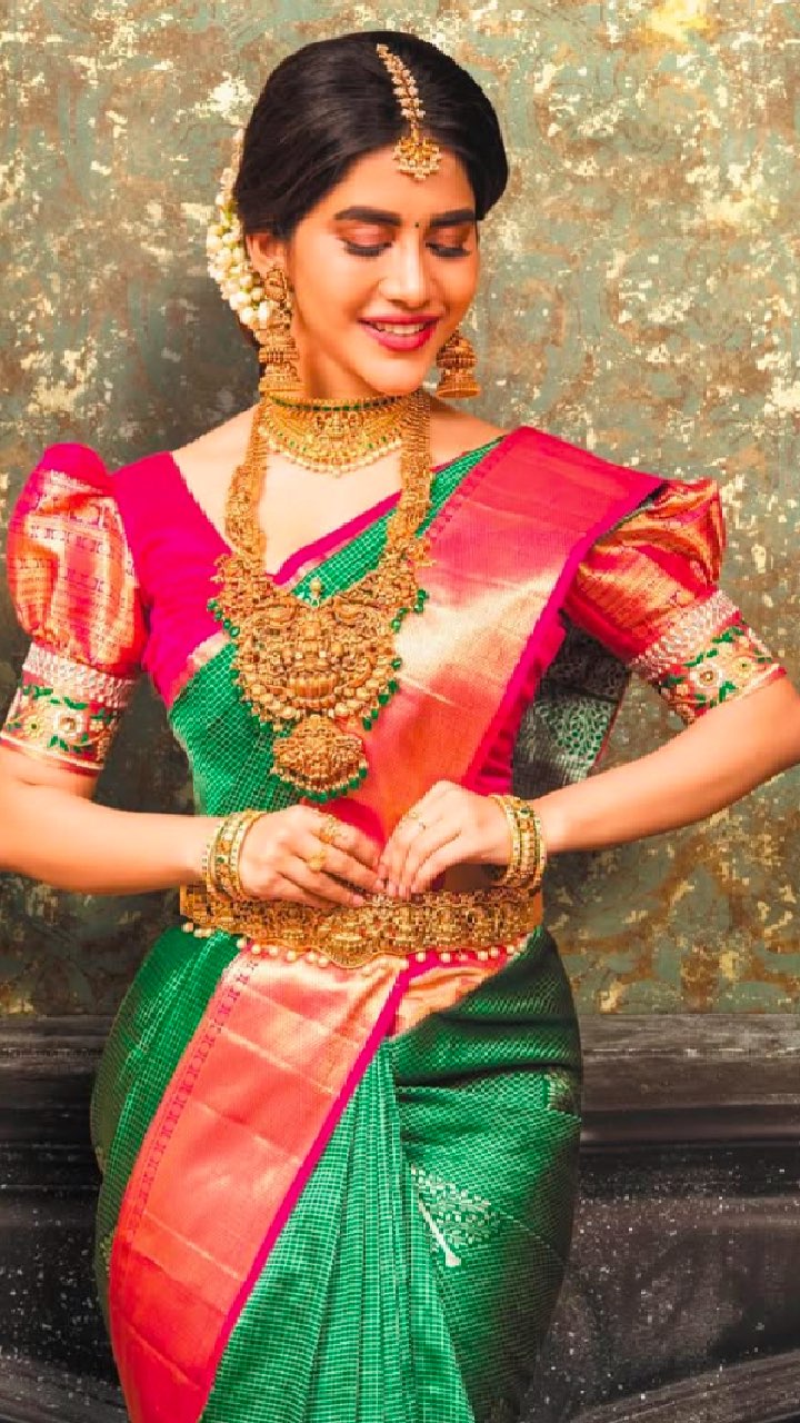 Nabha Natesh’s 7 Contrasting Saree Blouse Designs For Roka Ceremony
