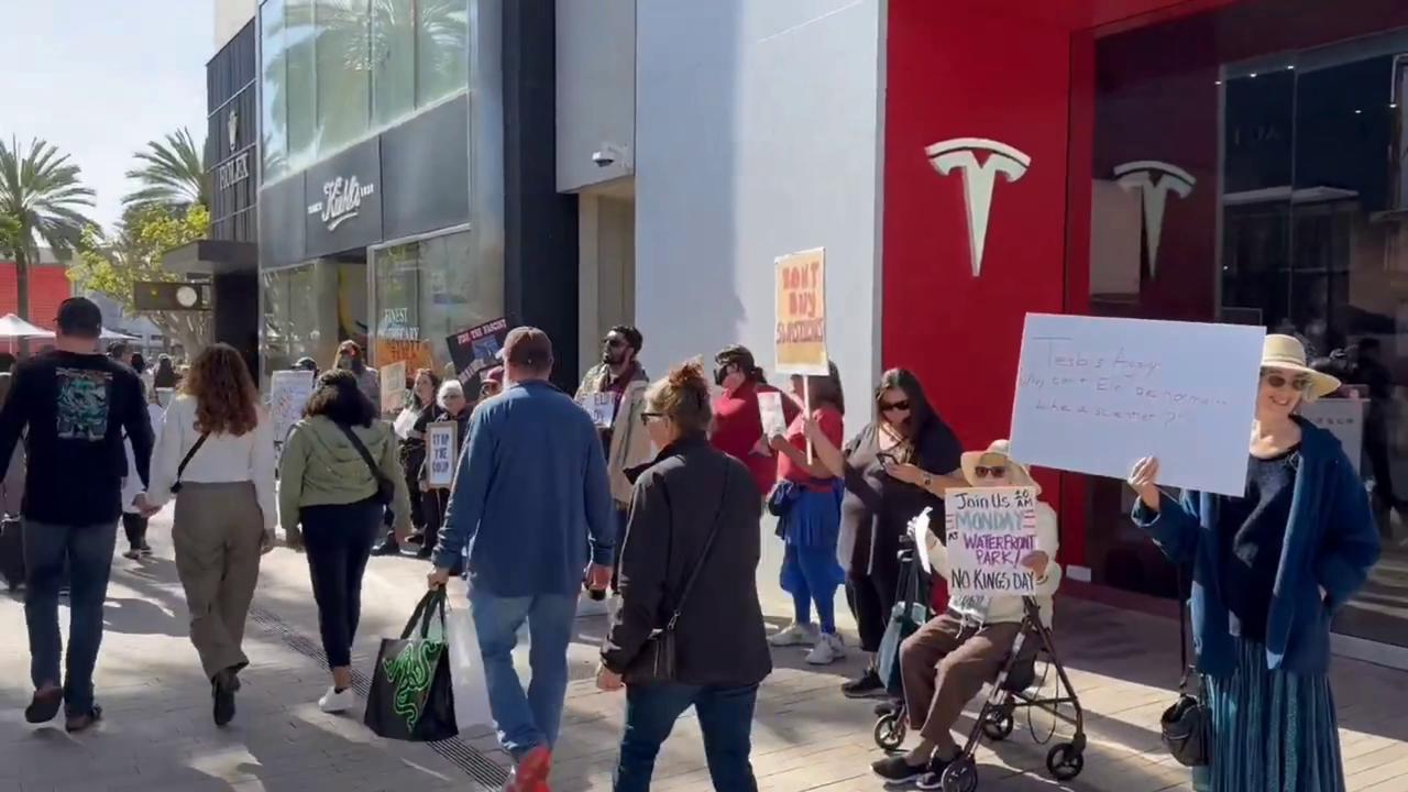 Wailing liberals protest outside Tesla showroom in California