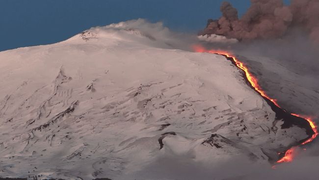 Lava Flows Down Snowy Mount Etna