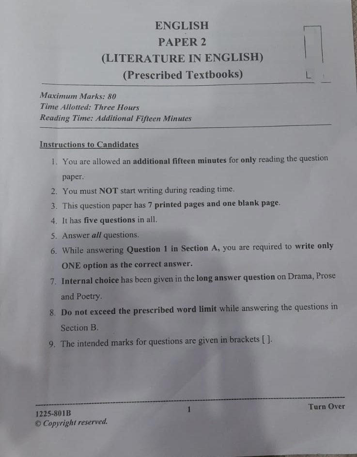 ISC Class 12 English Literature (Paper 2) Question Paper 2025 Available ...