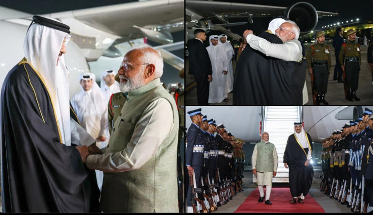 PM Narendra Modi, in a rare gesture, receives Amir of Qatar at Delhi airport, gives a warm hug ...