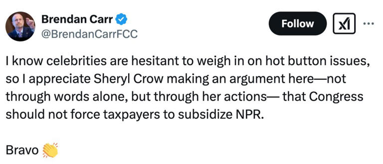 FCC’s Brendan Carr sarcastically cheers Sheryl Crow’s NPR donation ...