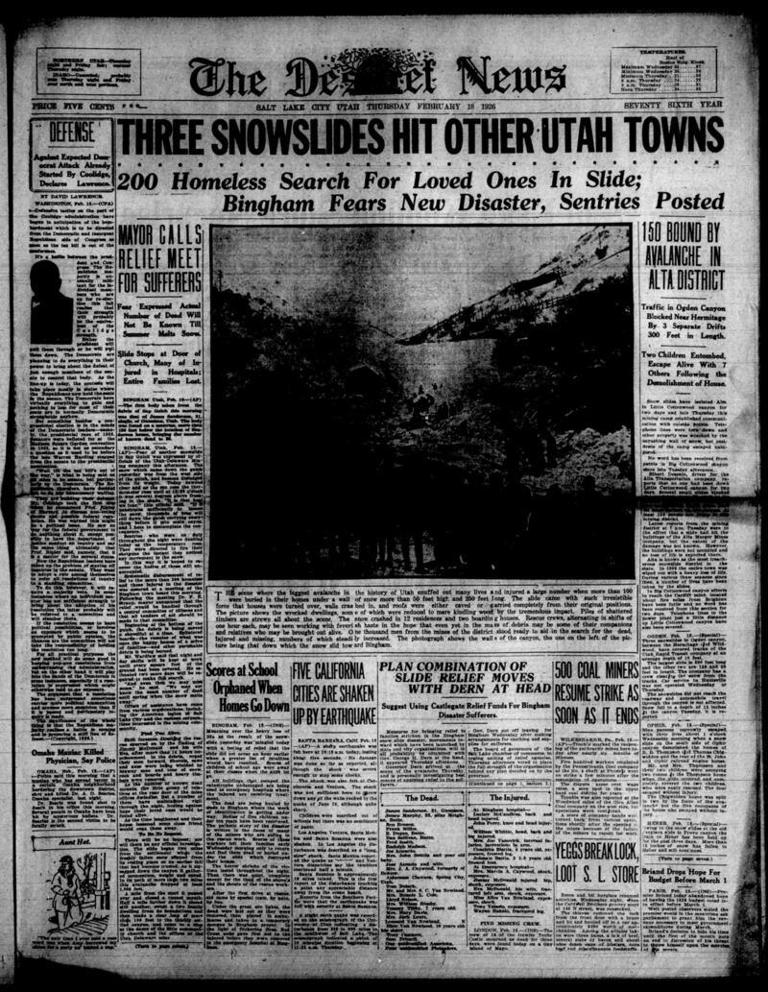 Deseret News archives: Deadly 1926 Bingham avalanche told through ...