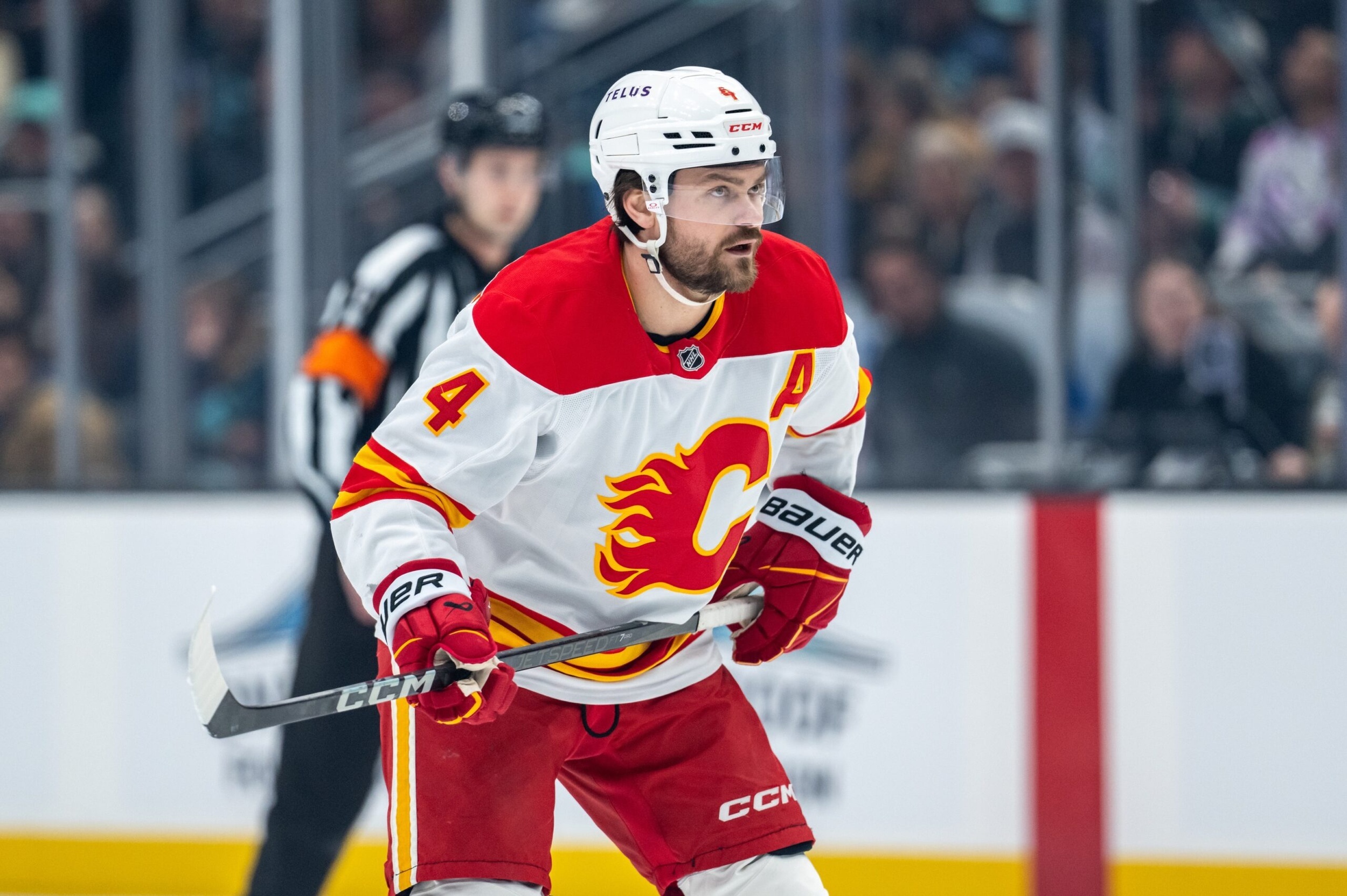 Flames blueliner Rasmus Andersson played through a broken fibula