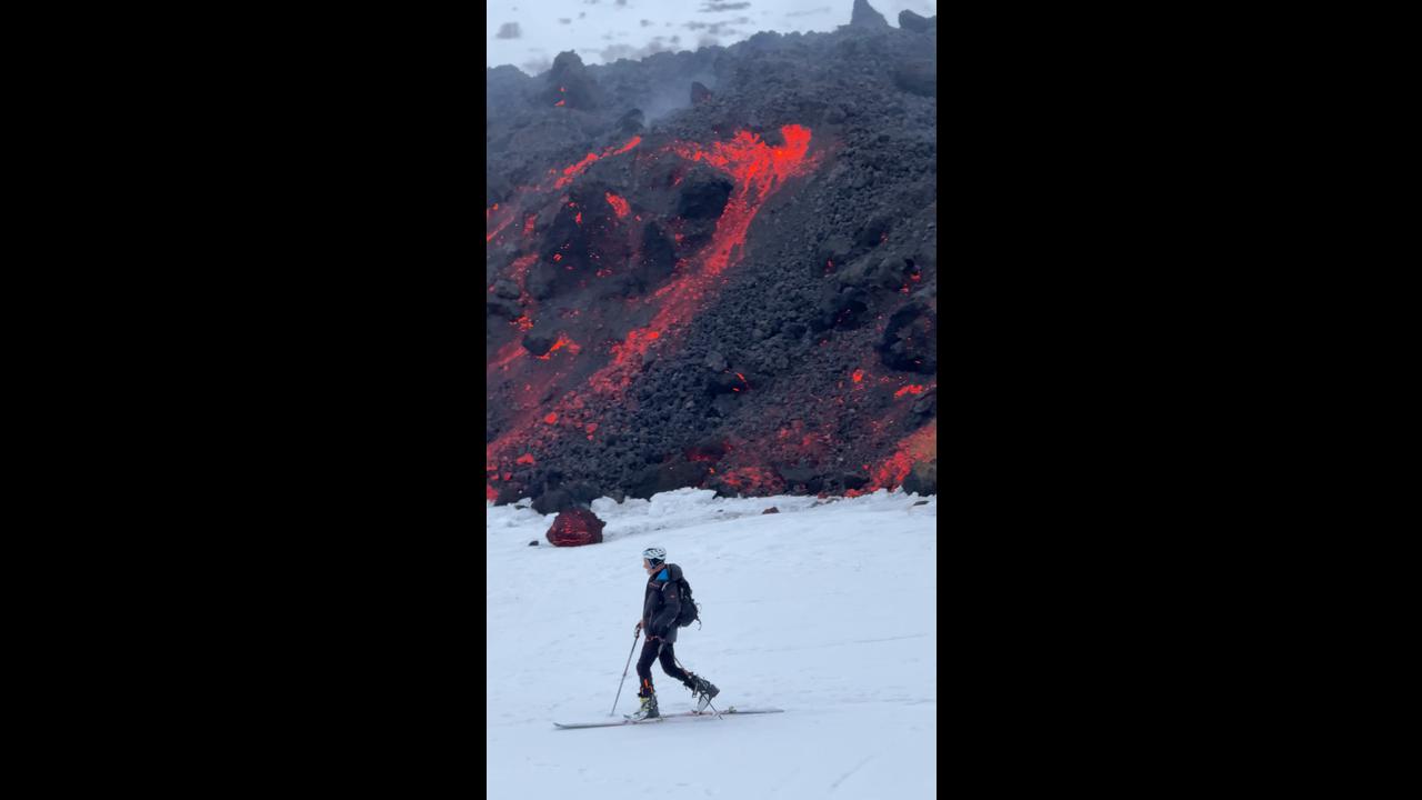 Skiing Next to the Mount Etna Lava Front