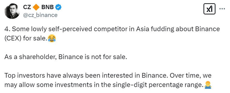 Crypto : Changpeng Zhao réagit aux spéculations sur la vente de Binance Crypto : Changpeng Zhao réagit aux spéculations sur la vente de Binance