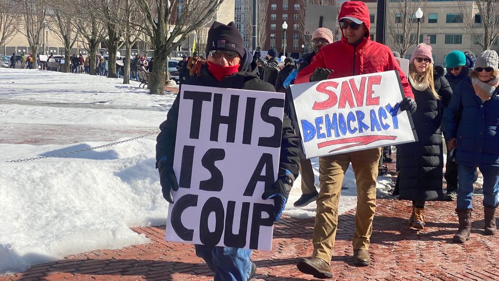 Hundreds of protesters gather outside Rhode Island State House
