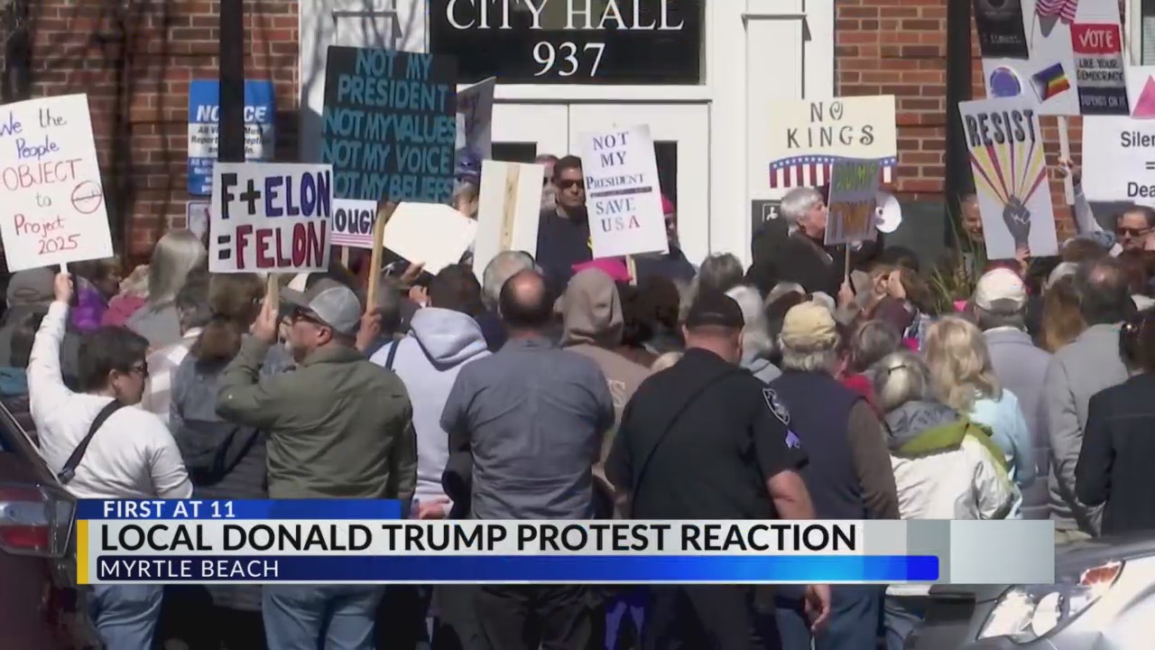 Protest outside Myrtle Beach City Hall targets President Trump, Elon Musk