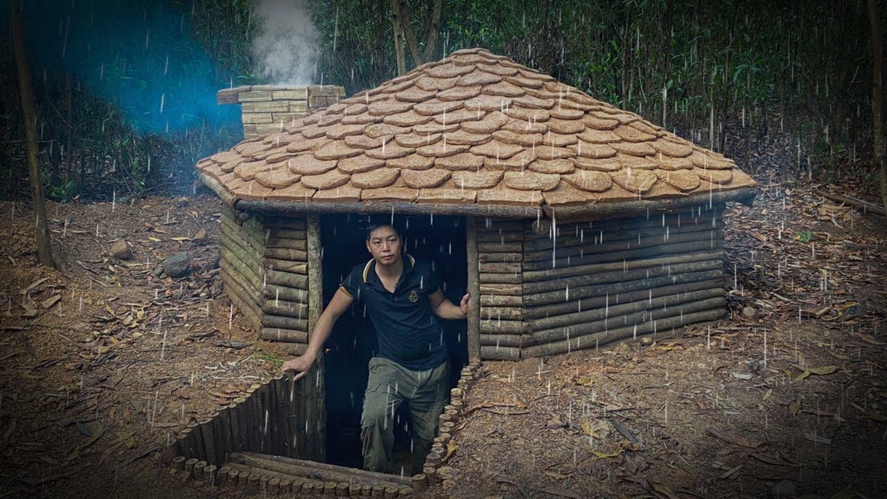 7 Days Building Bushcraft Survival Underground Shelter, Mud Roof, Catch ...