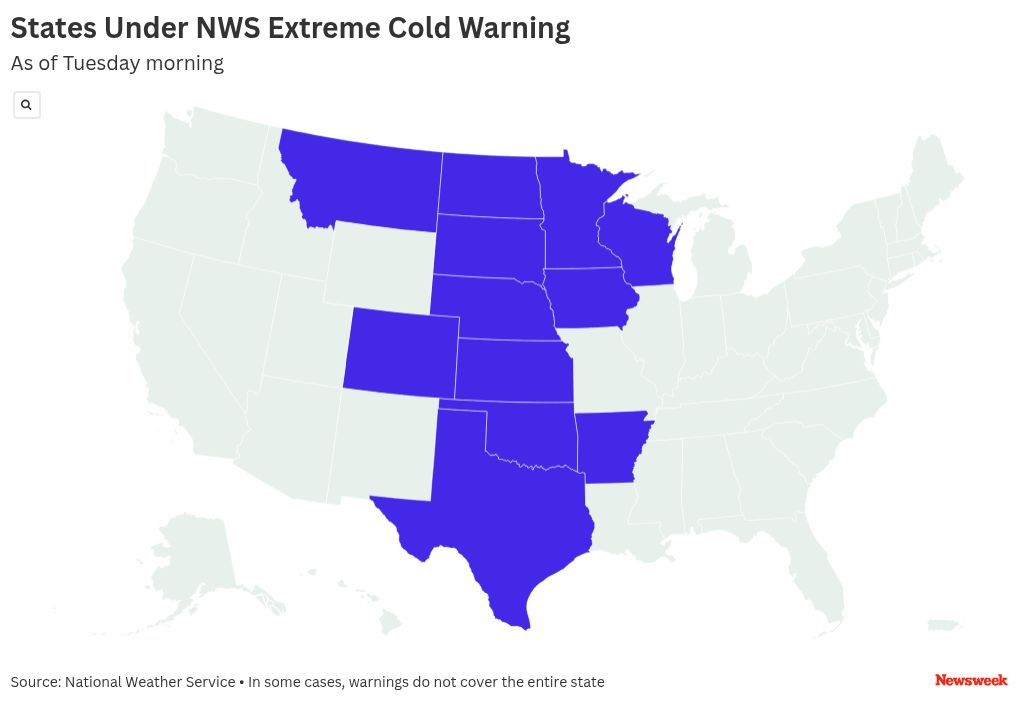 Map Shows 12 States Facing Extreme Cold as Frostbite Warning Issued