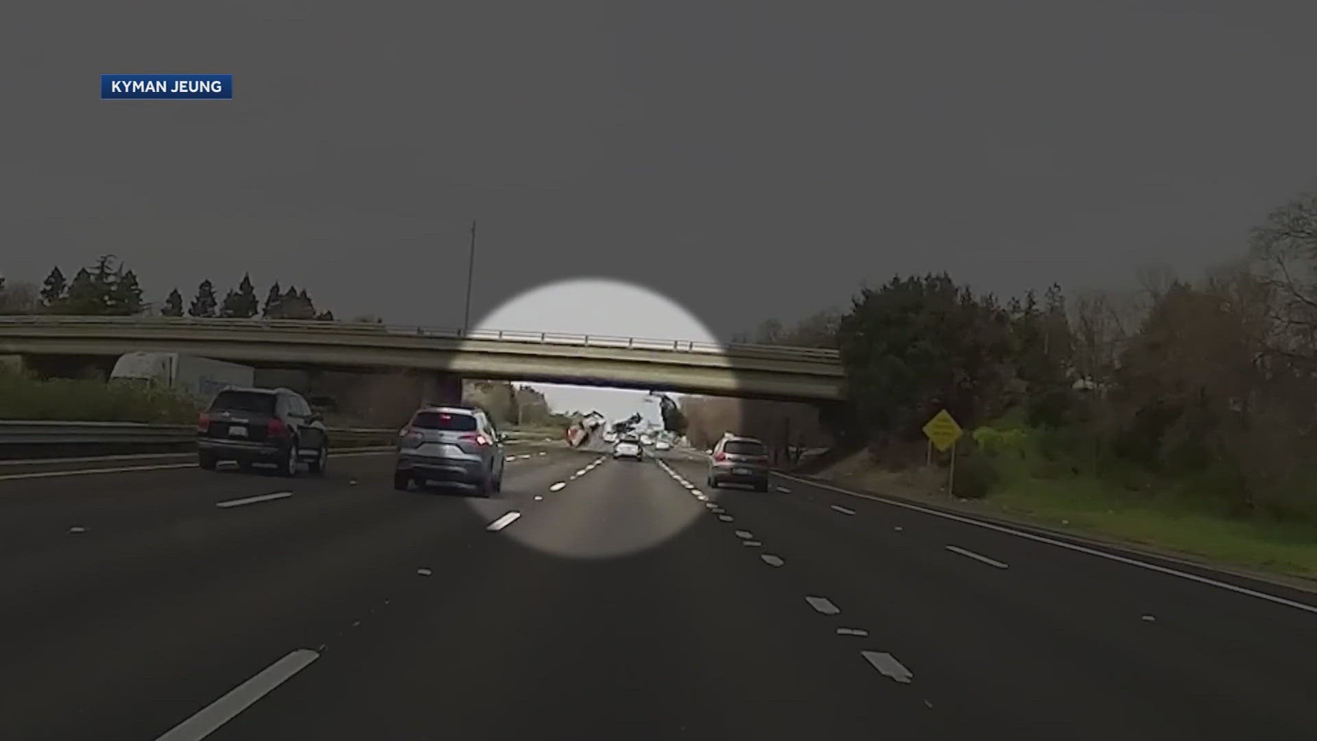 Video shows car flying off of I-5 overpass in California