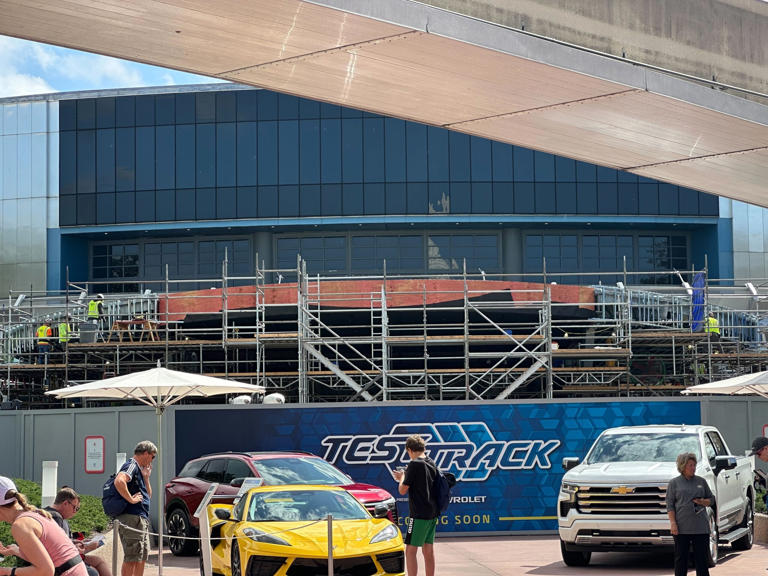 Crews Install Plywood at New Test Track Entrance at EPCOT