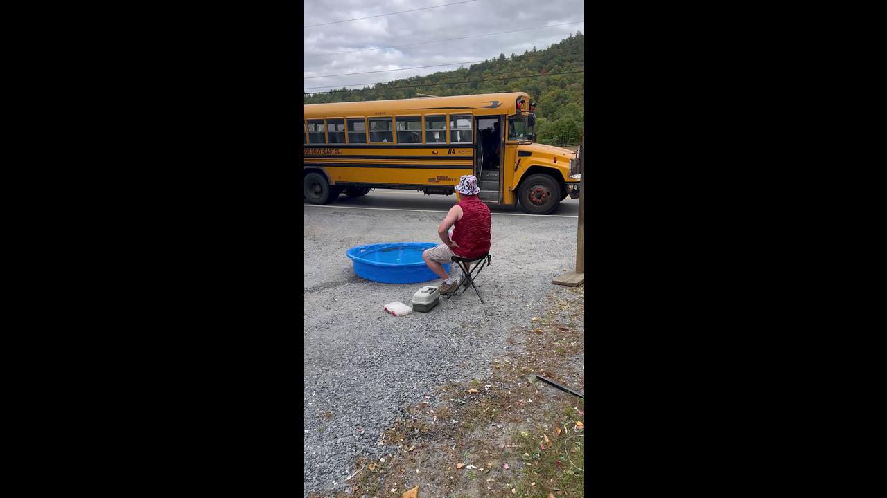Dad Embarrasses Daughters by Fishing at Bus Stop