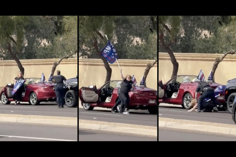 WATCH: Trump Supporter Body Slammed by Police After Waving Giant MAGA ...