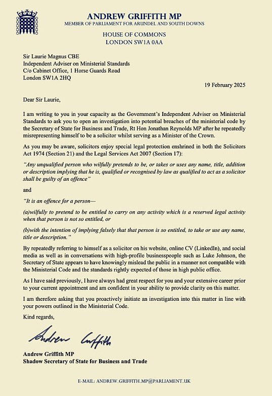 Tories demand ethics probe into Labour's Jonathan Reynolds Tories demand ethics probe into Labour's Jonathan Reynolds
