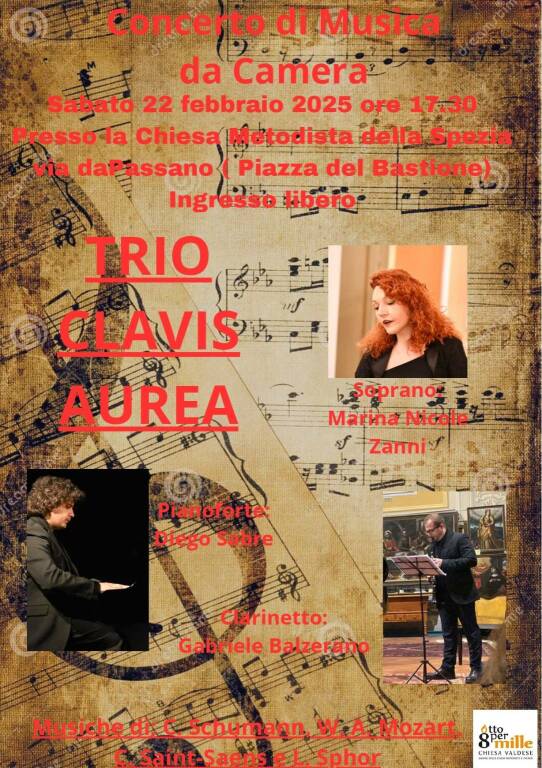 Sabato alla chiesa metodista un concerto di musica da camera con il Trio Clavis Aurea