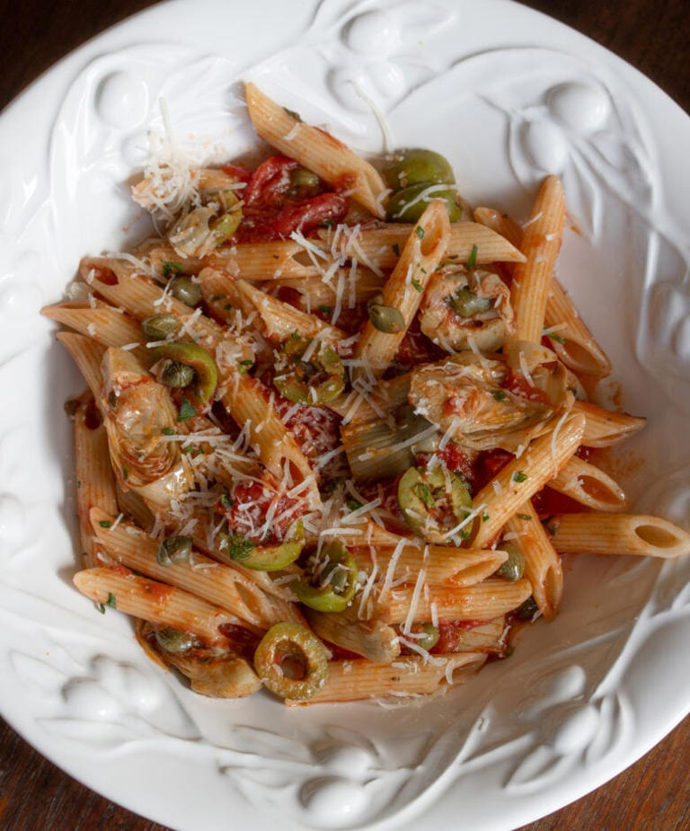The Quick Dinner Of Penne Pasta with Tomatoes, Olives, and Artichokes