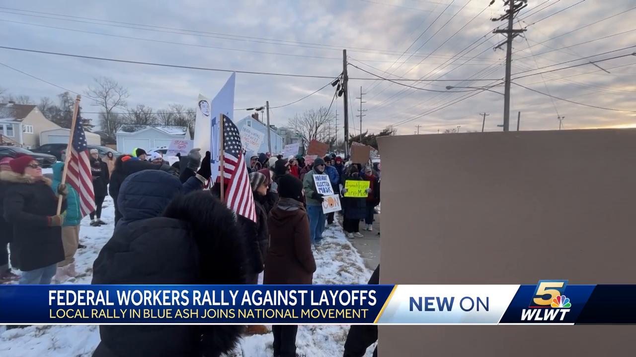 Rally held outside of Blue Ash Tesla protesting federal government layoffs
