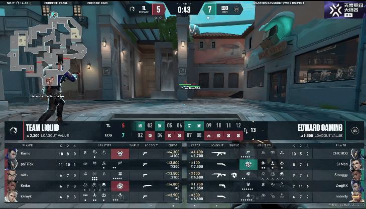 上半场进攻方EDG 7-5 TL防守方，双方换边比赛来到下半场