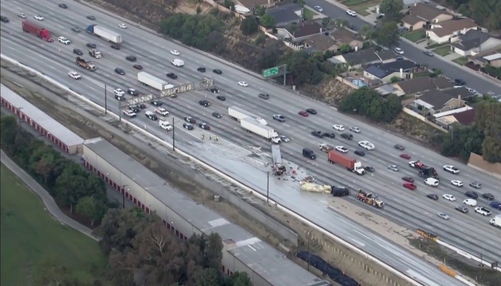 Overturned big rig spills concrete on 60 Freeway in fatal Diamond Bar crash