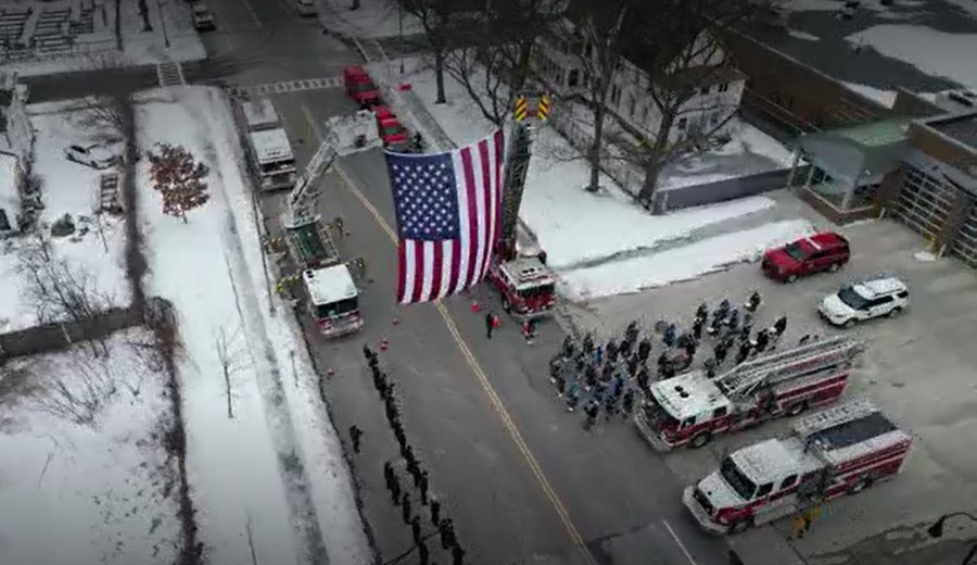 Aerial video of Binghamton fallen firefighter funeral procession