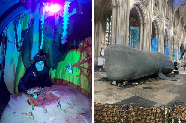 Families crawl inside whale for a circus show at Winchester Cathedral