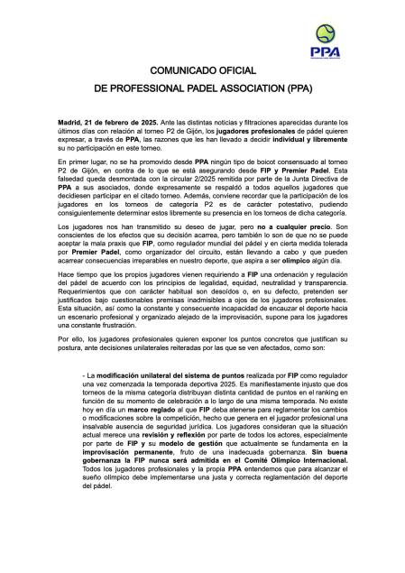 La PPA se manifiesta: "El rol de la FIP no puede ser el de regulador y socio de Premier Padel"
