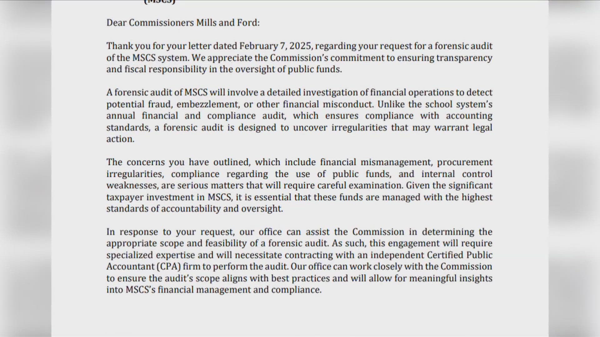 Tennessee Comptroller pens letter in support of MSCS forensic audit and ...