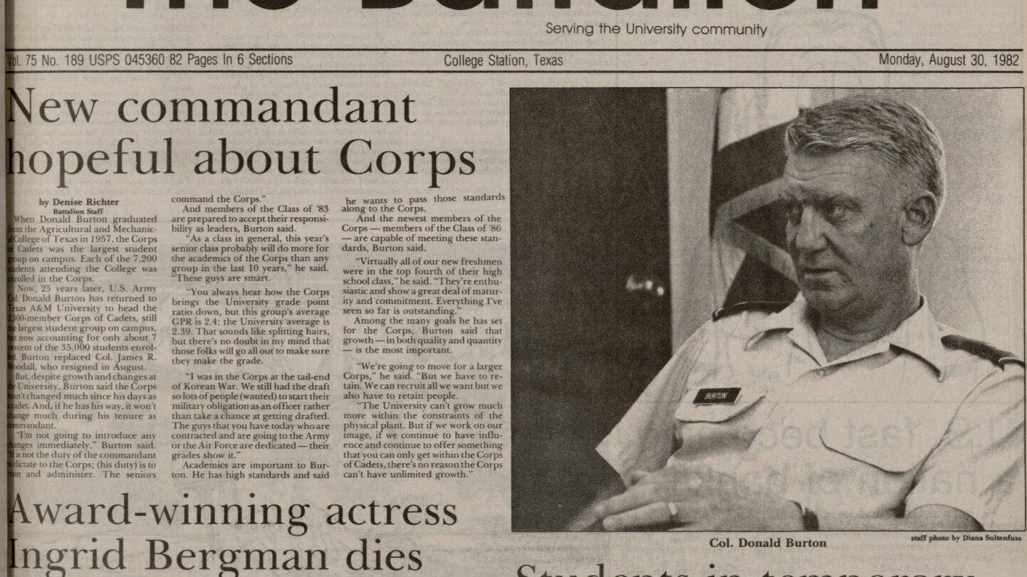 Former Texas A&M Corps of Cadets Commandant Col. Donald L. Burton ‘56 ...