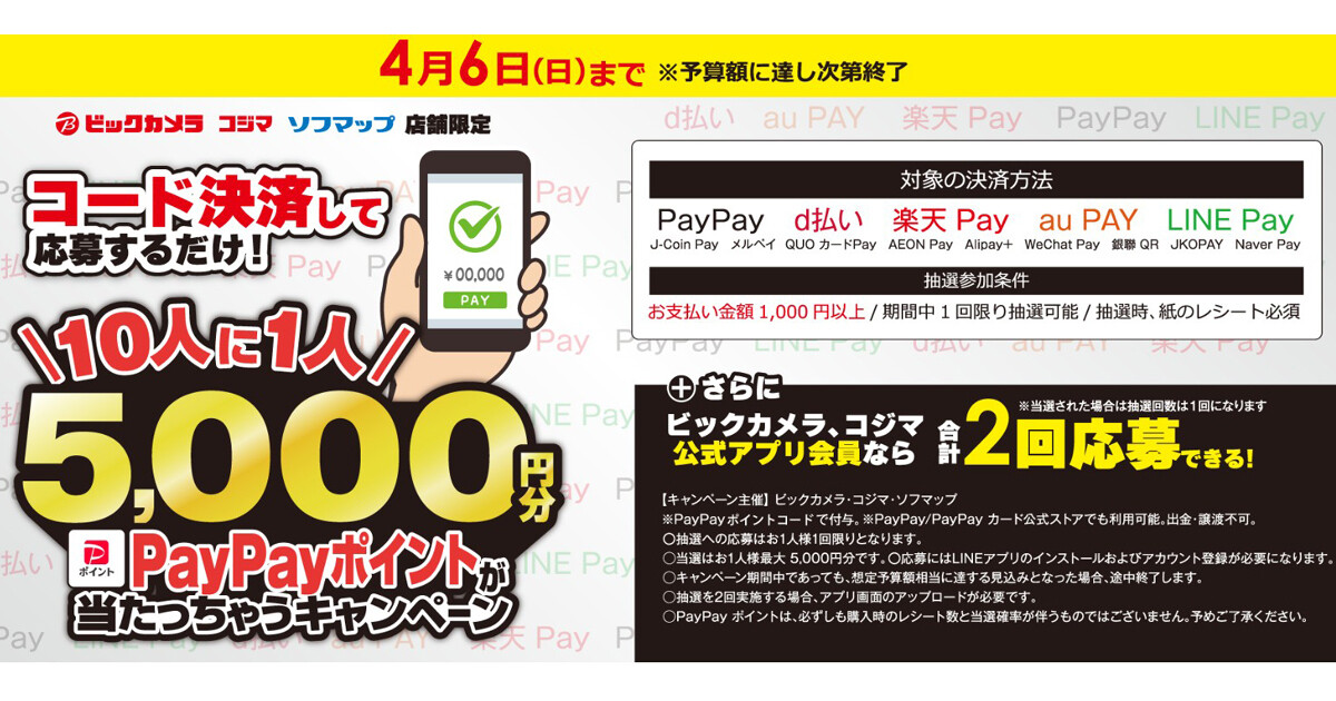 ビックカメラ、10人に1人5,000円分のPayPayポイントが当たるキャンペーン